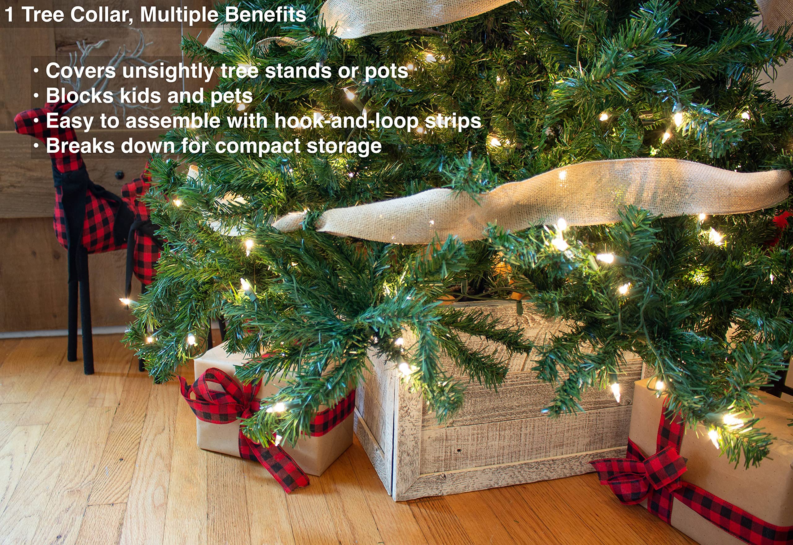 BarnwoodUSA Christmas Tree Collar or Box Made of Reclaimed Wood Rustic Skirt Replacement Blocks Kids & Pets, Adds Farmhouse Charm Natural, Hook-&-Loop Strip Panels, 30x22.5 in., Whitewash