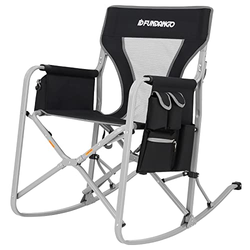 FUNDANGO Rocking Camping Chair for Adults, Oversized Portable Rocking Chair Outdoor Folding with Cooler and Side Pocket for Outside, Backyard, Patio, Lawn, Garden (Black/Grey)