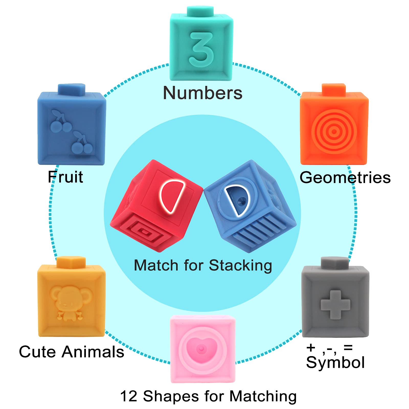KIDPAPA Baby Blocks,16 PCS Baby Soft Building Blocks, Stacking Blocks with Shark Animals and Number, Educational Montessori Toys for Babies 6 to 12 Months and Up