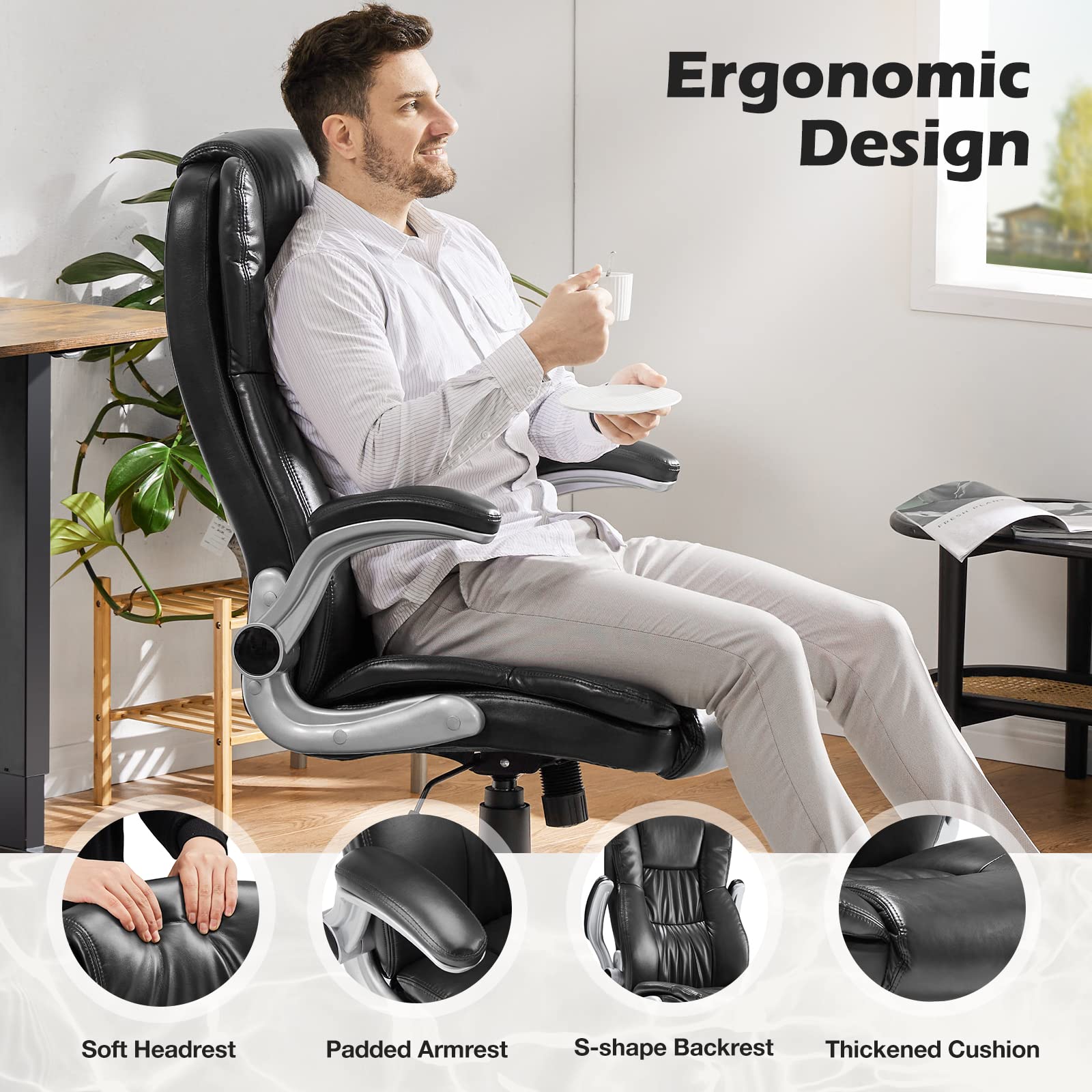 Big and Tall Office Chair Ergonomic Desk Chair with Arms Adjustable Height High Back Lumbar Support Computer Chair Comfortable Leather Black Executive Chair