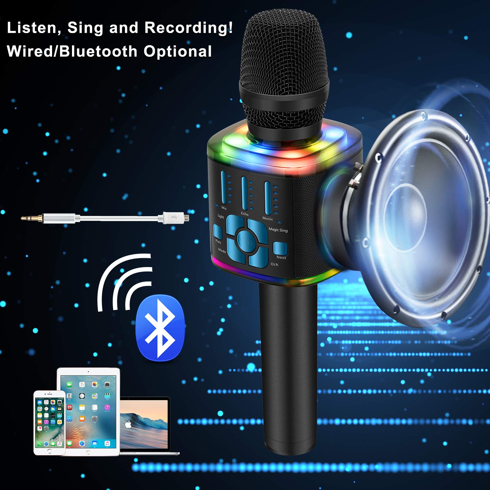 BONAOK Wireless Bluetooth Karaoke Microphone with Magic Voice, Portable Handheld Mic and Speaker Machine for Home Party Birthday PC/All Smartphones D30(Blue)