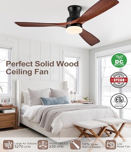 BOOSANT 60" Flush Mount Ceiling Fan with Lights, 60 Inch Ceiling Fans with Remote Control, Low Profile Ceiling Fan for Outdoor Patios, Hugger Ceiling Fan, Quiet Reversible DC Motor (Dark Walnut)