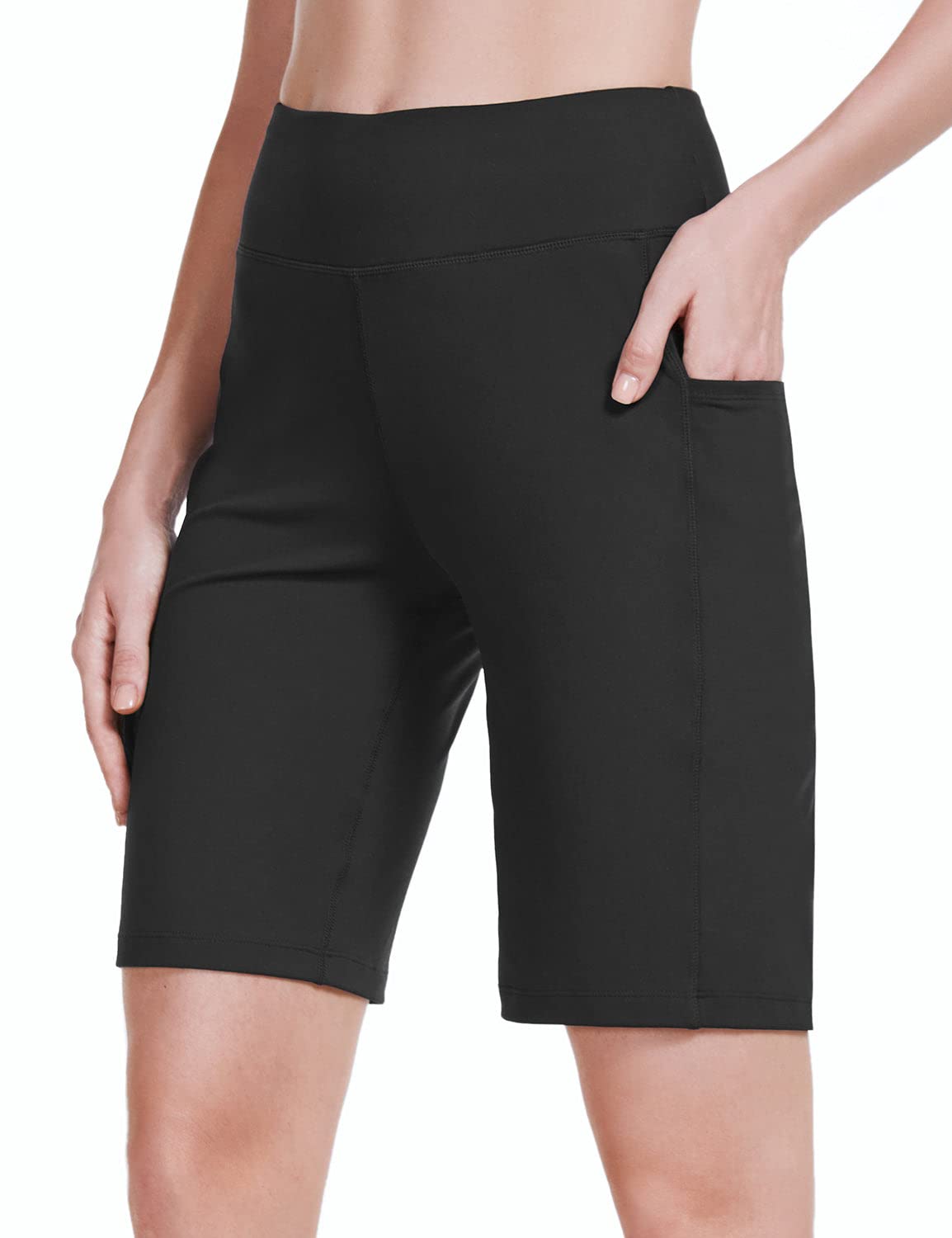 BALEAF Women's 10" Bermuda Shorts Long Athletic Workout Knee Length High Waisted Yoga Running Shorts with 3 Pockets Black XL
