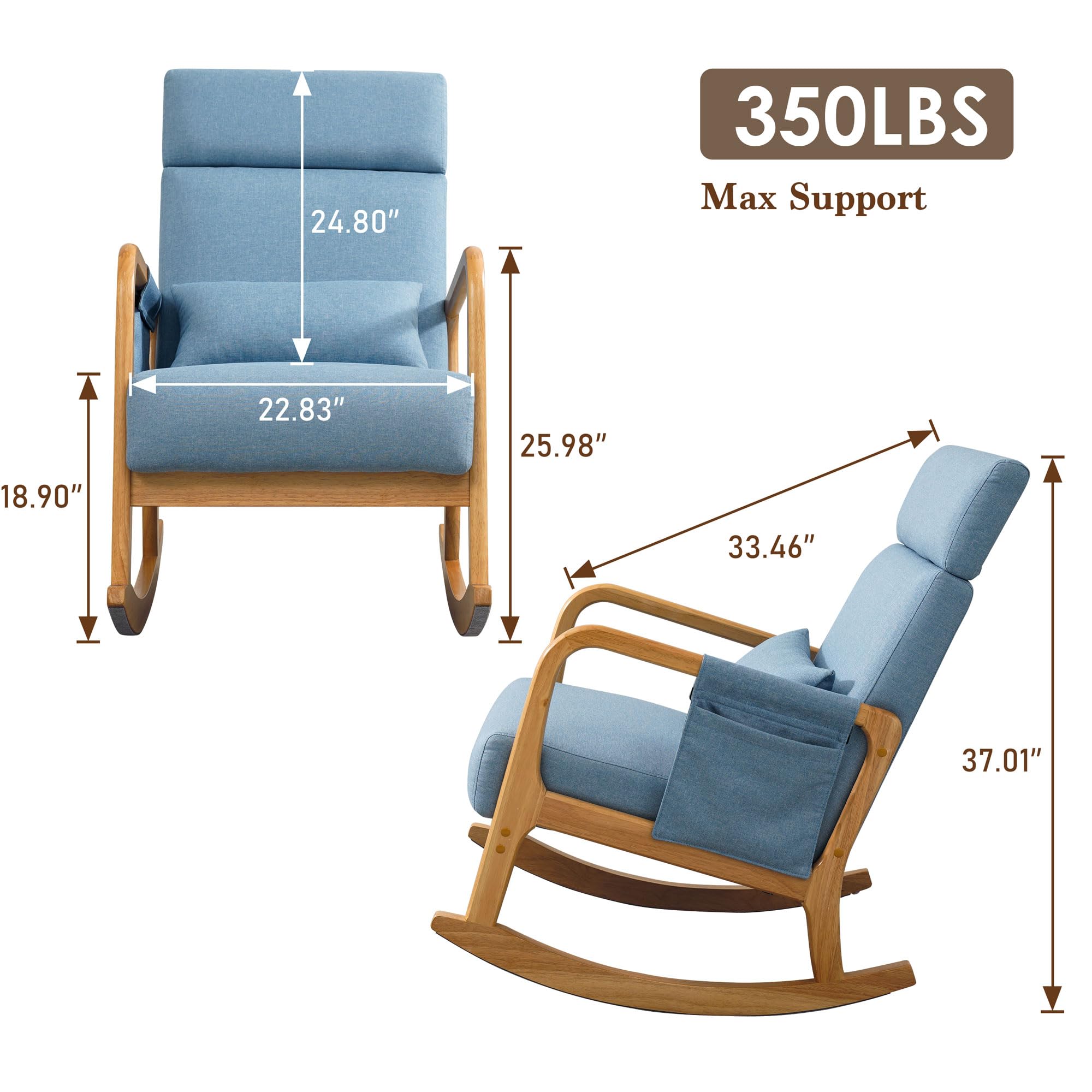 COOSLEEP Rocking Chair, Upholstered Glider Rocker with Adjustable Backrest, Solid Wood 350Lbs Support Rocking Chairs for Bedroom, Living Room (Blue)