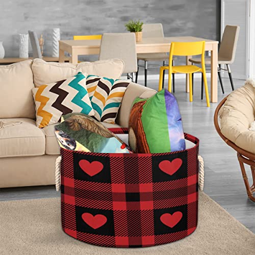 Red Check Plaid Valentine's Day Large Round Baskets for Storage Laundry Baskets with Handles Blanket Storage Basket for Bathroom Shelves Bins for Organizing Nursery Hamper Girl Boy