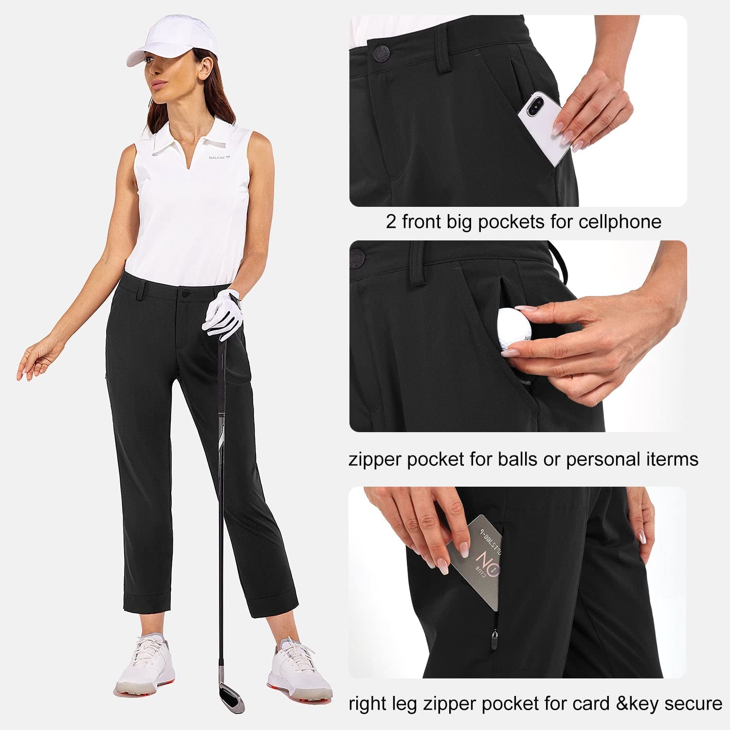 BALEAF Women's Golf Pants Stretch Lightweight Quick Dry Water Resistant Work Pants with Zipper Pocket Black Size XL