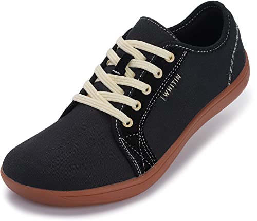 WHITIN Men's Extra Wide fit Casual Barefoot Sneakers Canvas Zero Drop Sole Size 12W Minimus Minimalist Laces Up Tennis Shoes Fashion Walking Lightweight Comfortable Black Gum 45