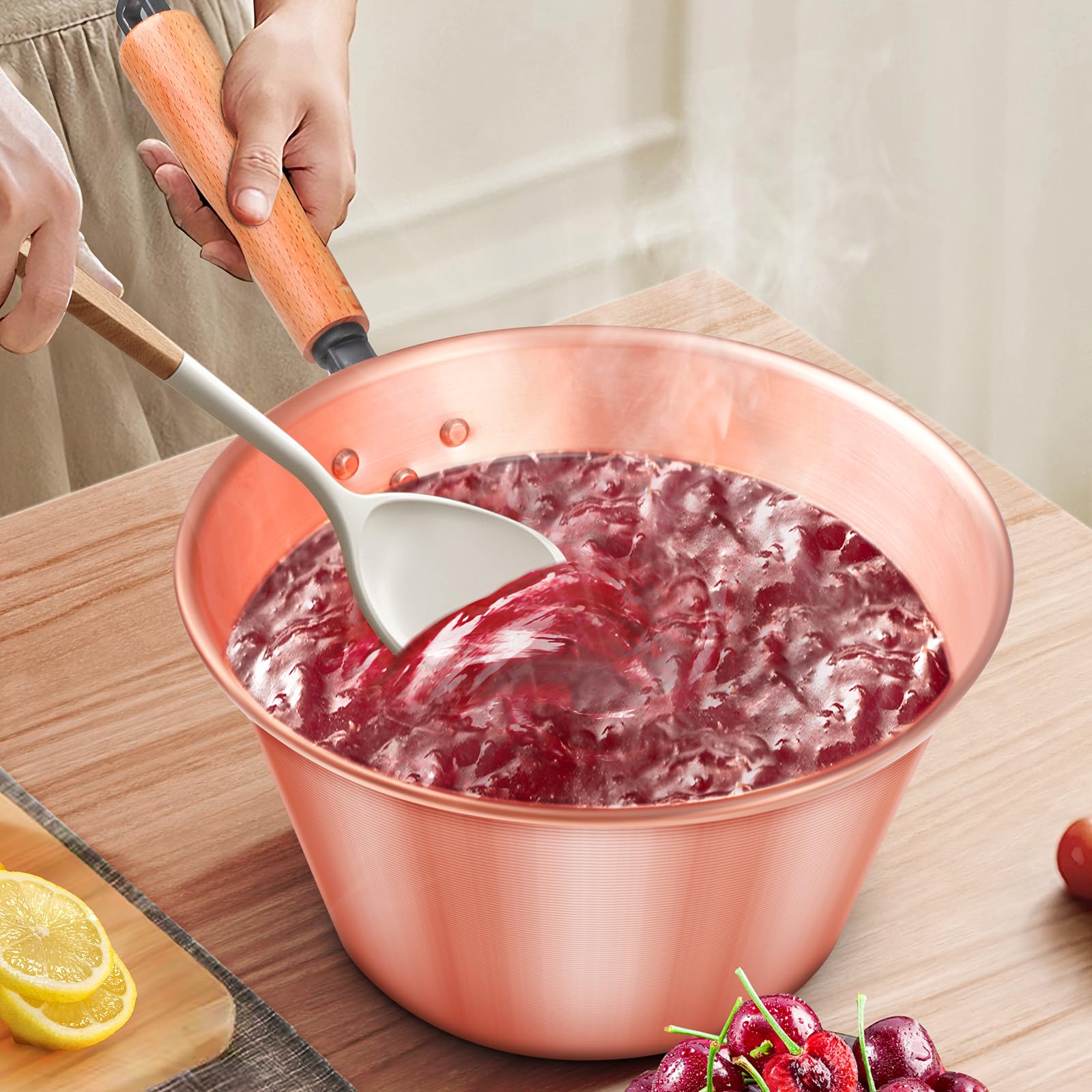 Copper Jam Pot, Cornmeal Copper Pot, 13-Inch Diameter, 5-Quart Capacity, Pure Copper Handles, Handmade, Traditional Copper Pot, Ideal for 8 People