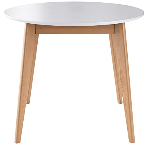 DAIVA CASA Orion Round Table for 3 Person - Birch Solid Wood Kitchen & Dining Room Furniture - Mid Century Modern Scandinavian Style β White Brown Table 35 inch