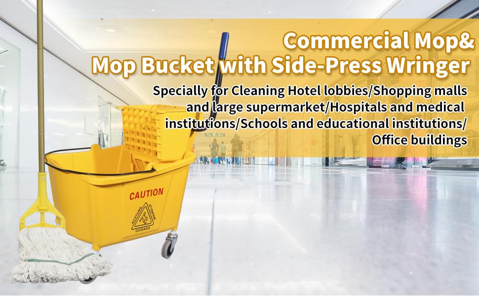Commercial Mop Bucket with Side-Press Wringer for Floor Cleaning, Restaurants, Offices, and Janitorial Use, 35 Quarts, Yellow,Including One Commercial Mop