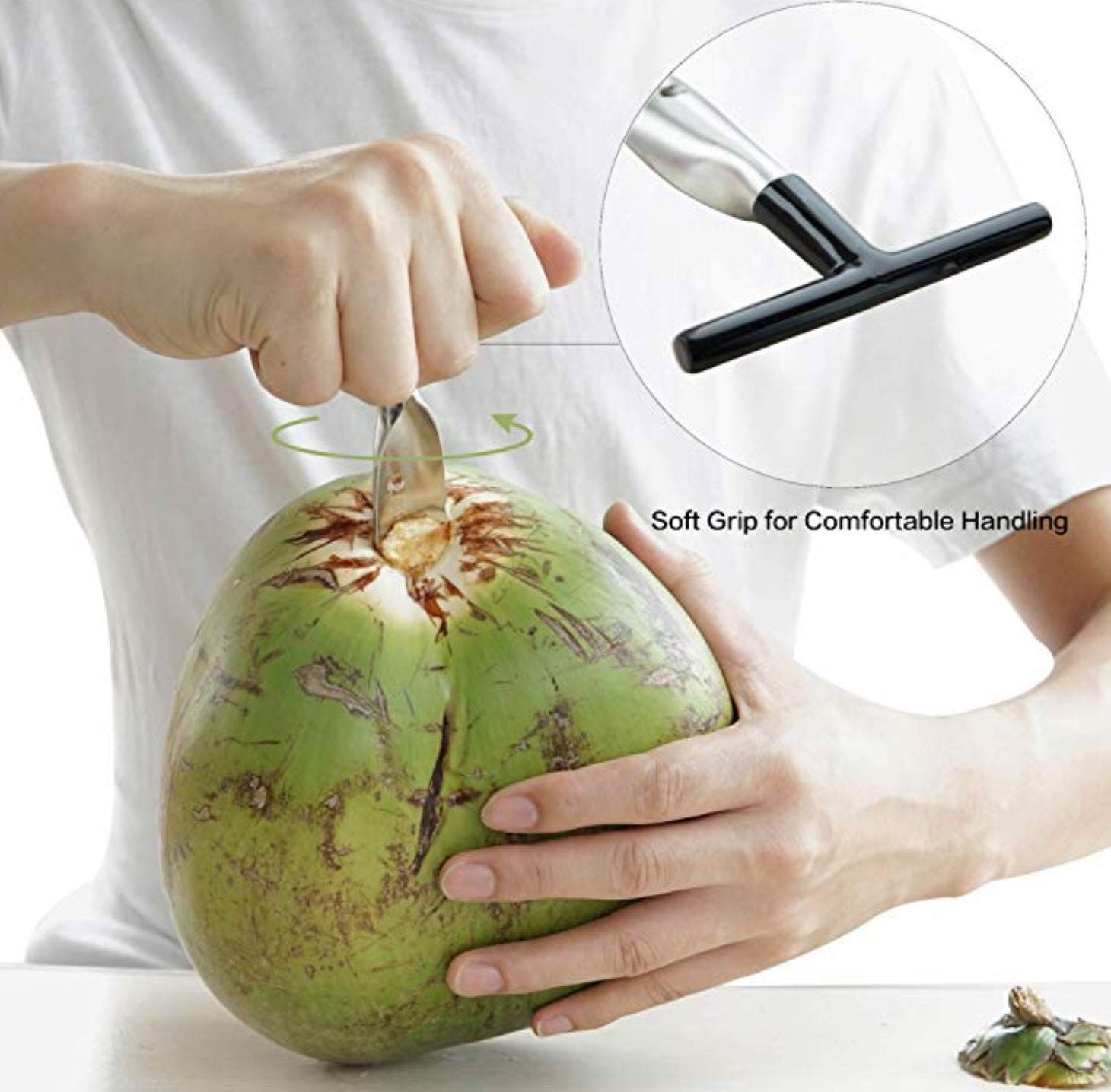 Coconut Opener Tool – Stainless Steel Coconut Meat Removal & Tap Opener Set – Practical & User-Friendly – Compatible with Peeled Thai Young White & Green Coconuts