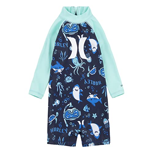 Hurley baby boys Long Sleeve Rash Guard Coverall One Piece Swimsuit, Navy/Aurora Green, 24 Months US