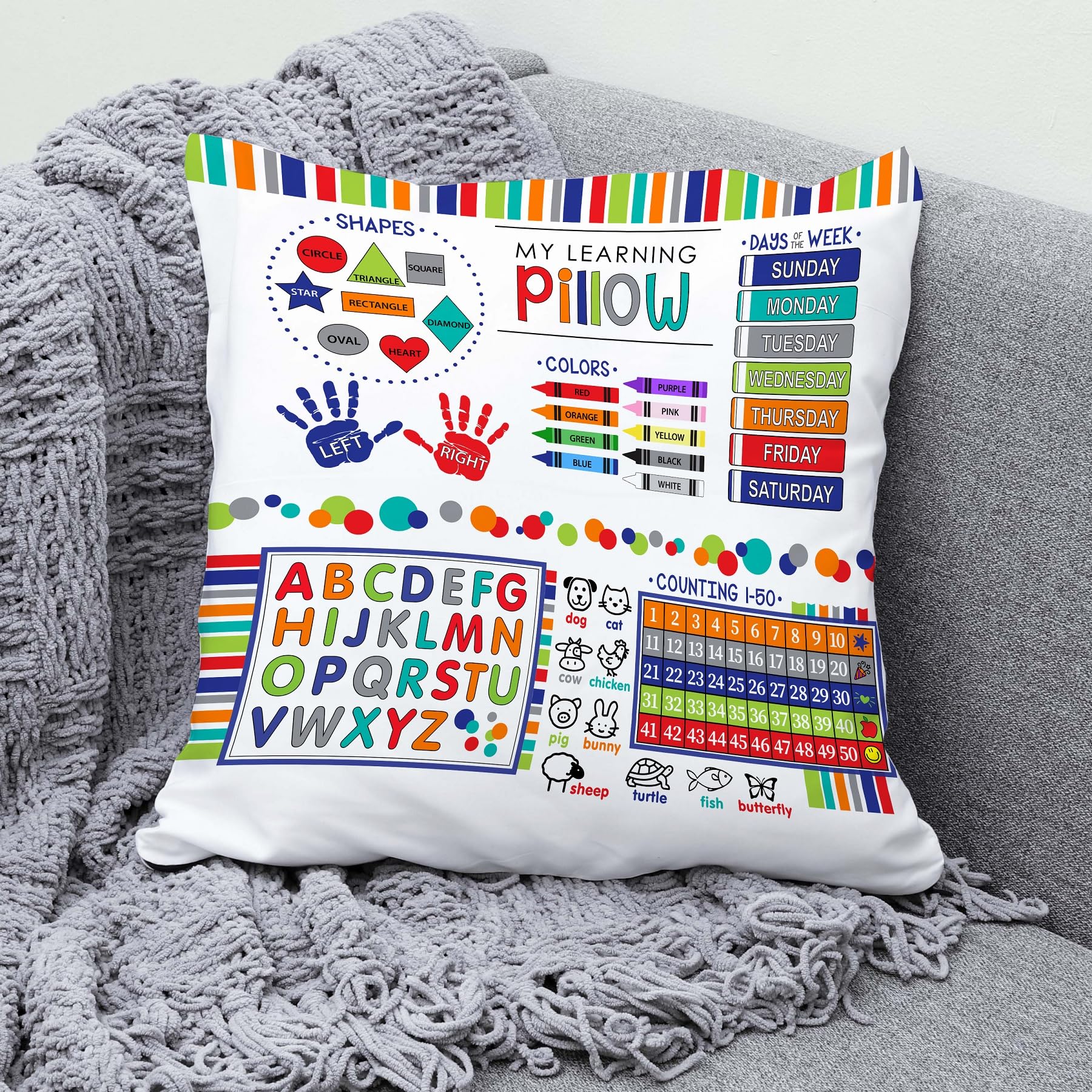 Decorbox Learning Chart 18x18 Inch Throw Pillow Cover,Book Reading Educational Corner ABCs Cushion Case,School Classroom Home Room Teacher Teaching Student Kid Child Children Boy Girl Gift Pillowcase