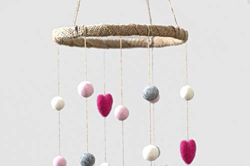 Felt Ball & Heart Nursery Ceiling Mobile- Hot Pink, Light Pink, Gray & White
