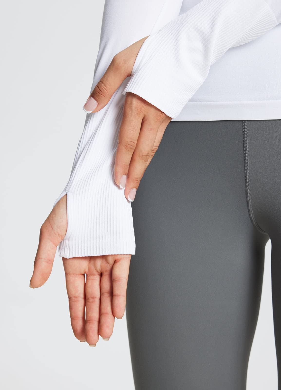BALEAF Women's Long Sleeve Workout Athletic Seamless Shirts Tight Yoga Running Gym Fitted Tops with Thumb Holes White S