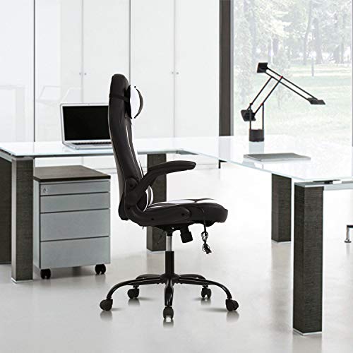 HCB Office Chair, Gaming Chair, Ergonomic Computer Desk Chair High Back Rolling Swivel Height Adjustable with Flip-Up Arms, Headrest and Lumbar Support, Massager, Leather (White)
