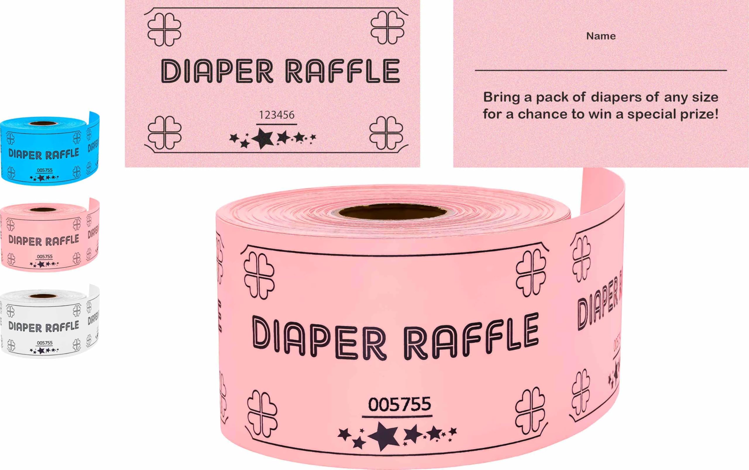 Carewon 250 Diaper Raffle Tickets, Pink (3 Color Selection), for Baby Shower Games, Invitations, and Drawing Prizes, Cute Party Accessories
