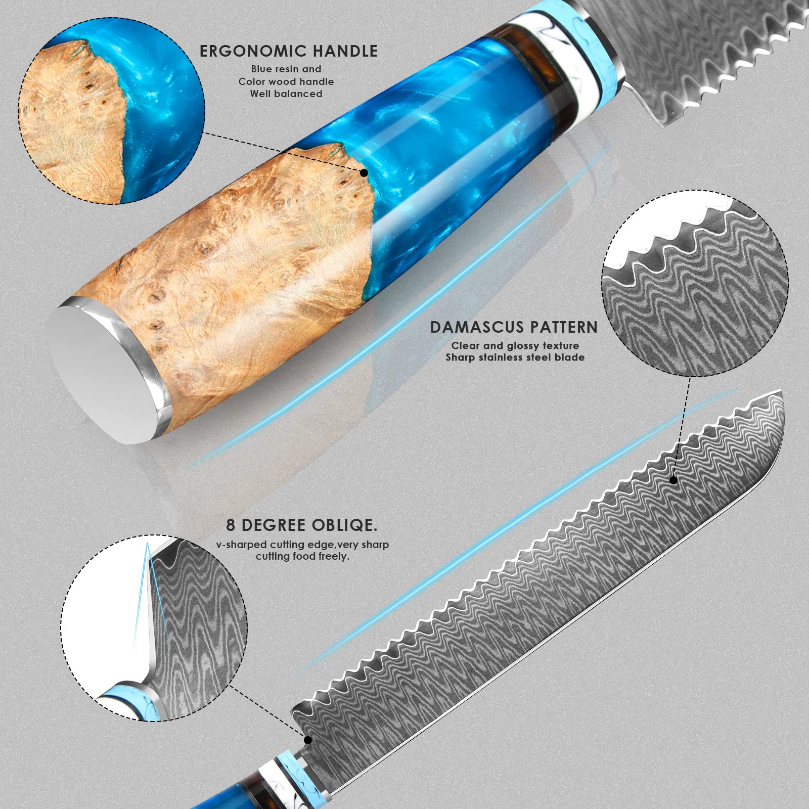 Bread Knife, Damascus Multifunction Serrated Knife, Professional Japanese VG10 Damascus Steel Bread Knife,Serrated Cake Knife Bread Cutter for Homemade Crusty Bread