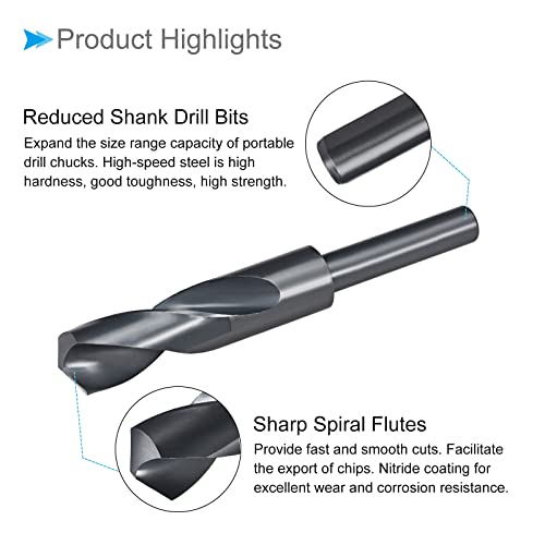 CoCud Reduced Shank Drill Bit, 21mm Cutting Edge 1/2" Shank, Nitride Coated High Speed Steel 6542 Twist Drill Bits - (Applications: for Stainless Steel Metal Wood)