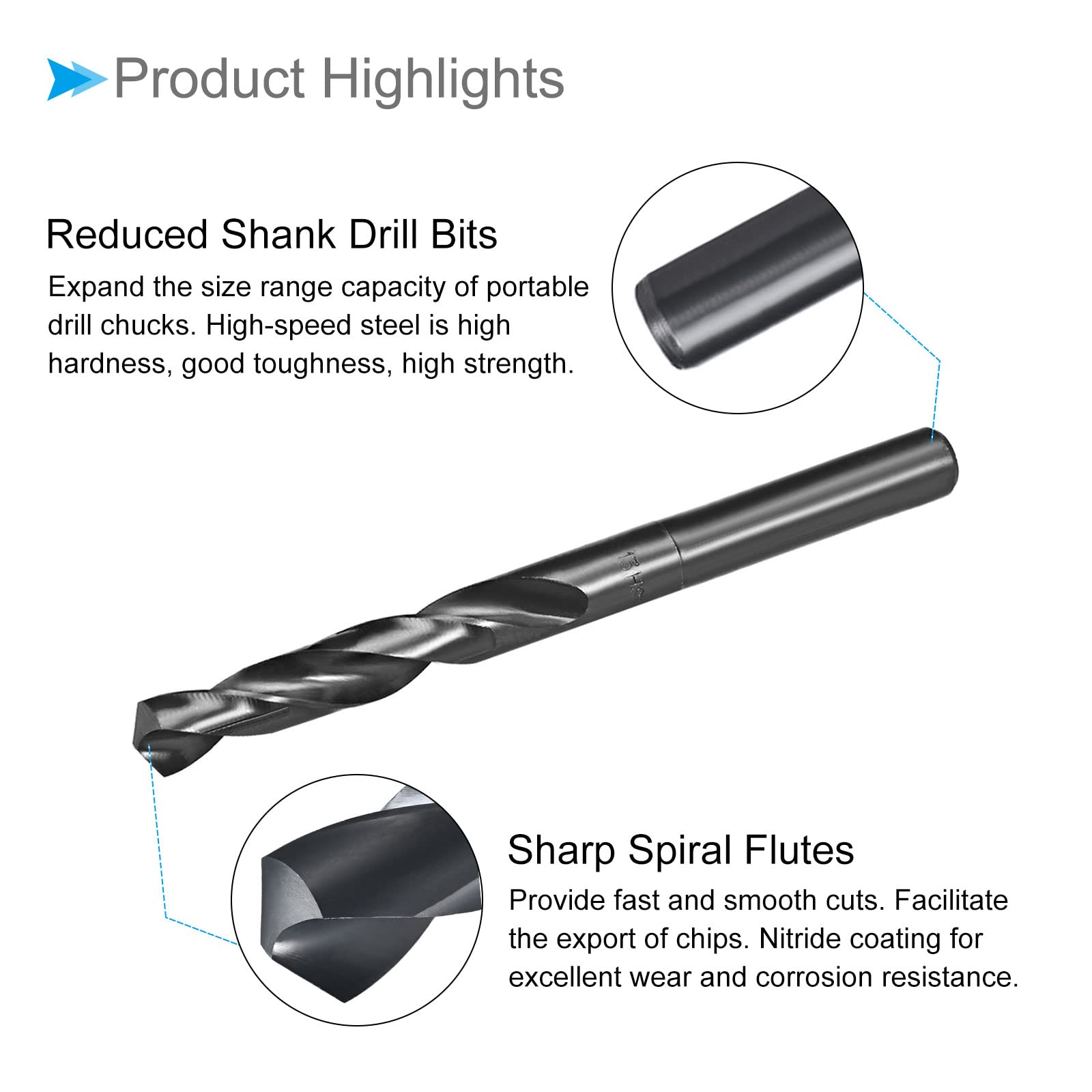 CoCud Reduced Shank Drill Bit, 13mm Cutting Edge 1/2" Shank, Nitride Coated High Speed Steel 6542 Twist Drill Bits - (Applications: for Stainless Steel Metal Wood)