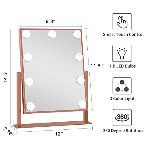FENCHILIN Hollywood Mirror with Light Large Lighted Makeup Mirror Vanity Makeup Mirror Smart Touch Control 3Colors Dimable Light Detachable 10X Magnification 360°Rotation (Rose Gold)