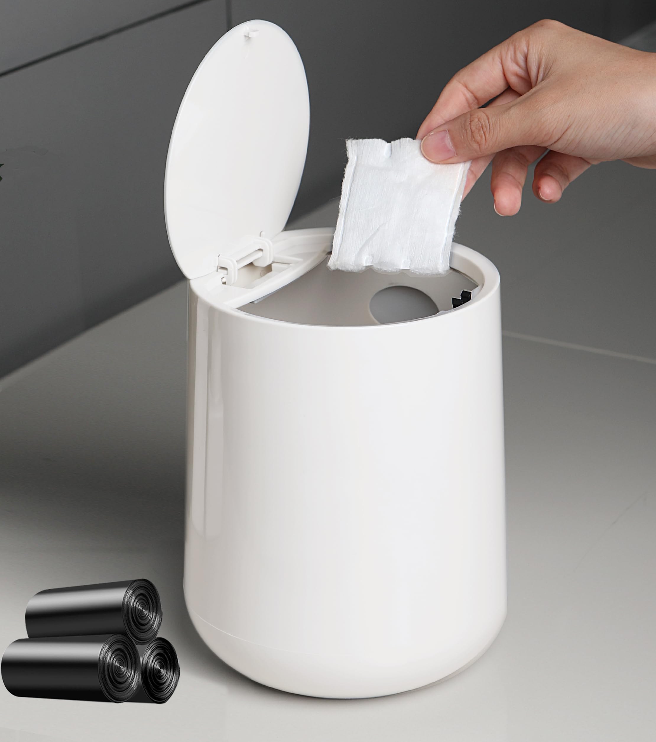 COMODID Small Trash Can with Lid for Countertop, Mini Trash Can for Desk, Small Garbage Can with Press-Top, Desktop Trash Bin, Tabletop Waste Basket for Kitchen, Bedroom, Bathroom, 2L/ 0.5GAL (White)