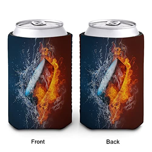 Can Cooler Sleeves Coozies for Cans And Bottles Insulators Ice Hockey Fire Water Print PVC Elastic Reusable