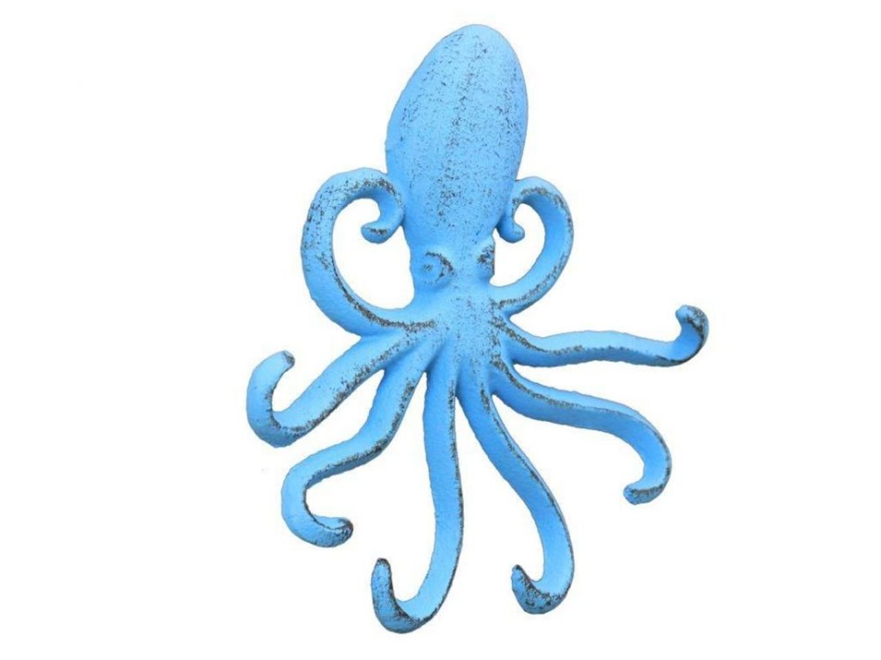 Handcrafted Model Ships Rustic Light Blue Cast Iron Wall Mounted Decorative Octopus Hooks 7" - Beach De