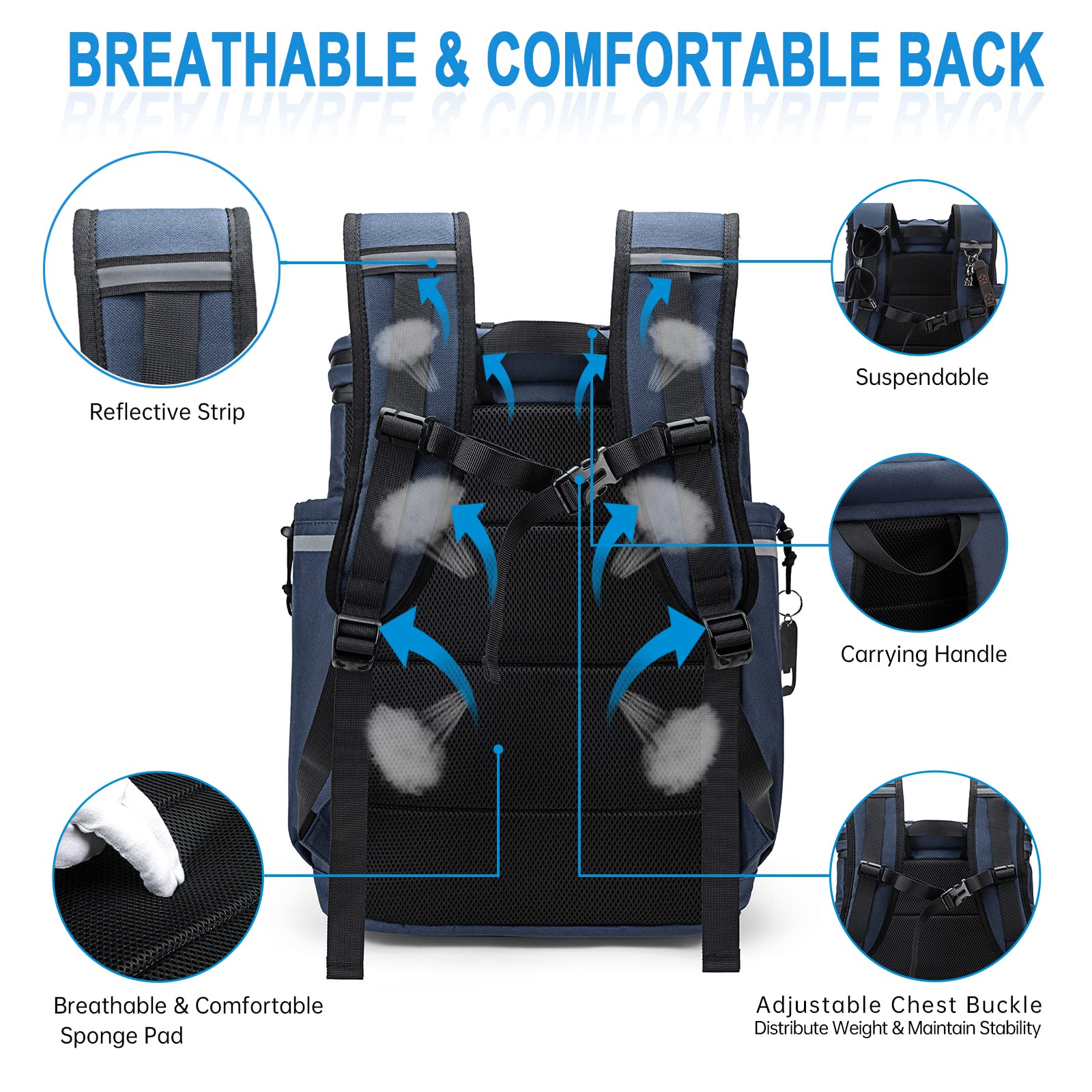 Backpack Coolers Insulated Leak Proof, 45 Cans Beach Cooler, Large Capacity, Ice Chest Backpack, Waterproof Soft Cooler Bag for Lunch for Men Women Camping Hiking (Navy Blue)