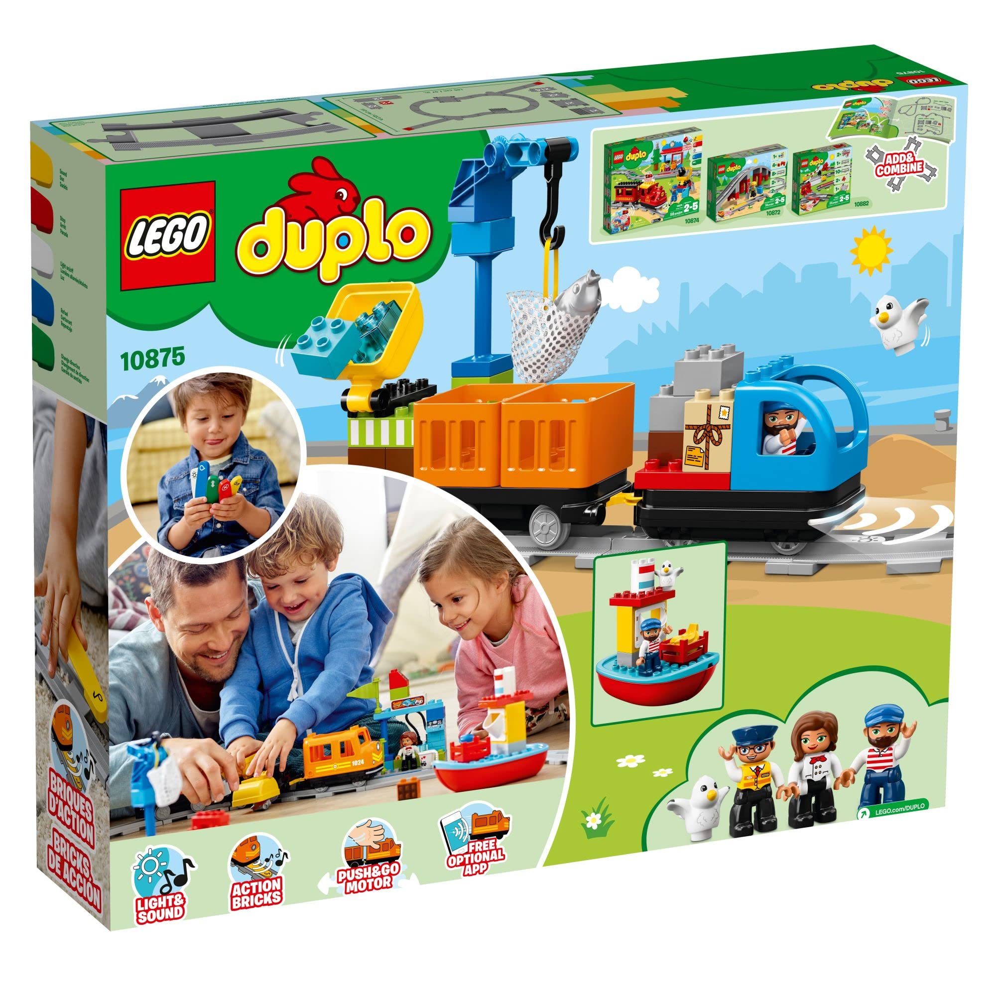 LEGO DUPLO Town Cargo Train Set - Push & Go Motor Train Toy for Toddlers - Preschool Learning Toy for Boys & Girls Ages 2-5, Includes Sound & Light, Moving Crane - Gift for Birthdays - 10875