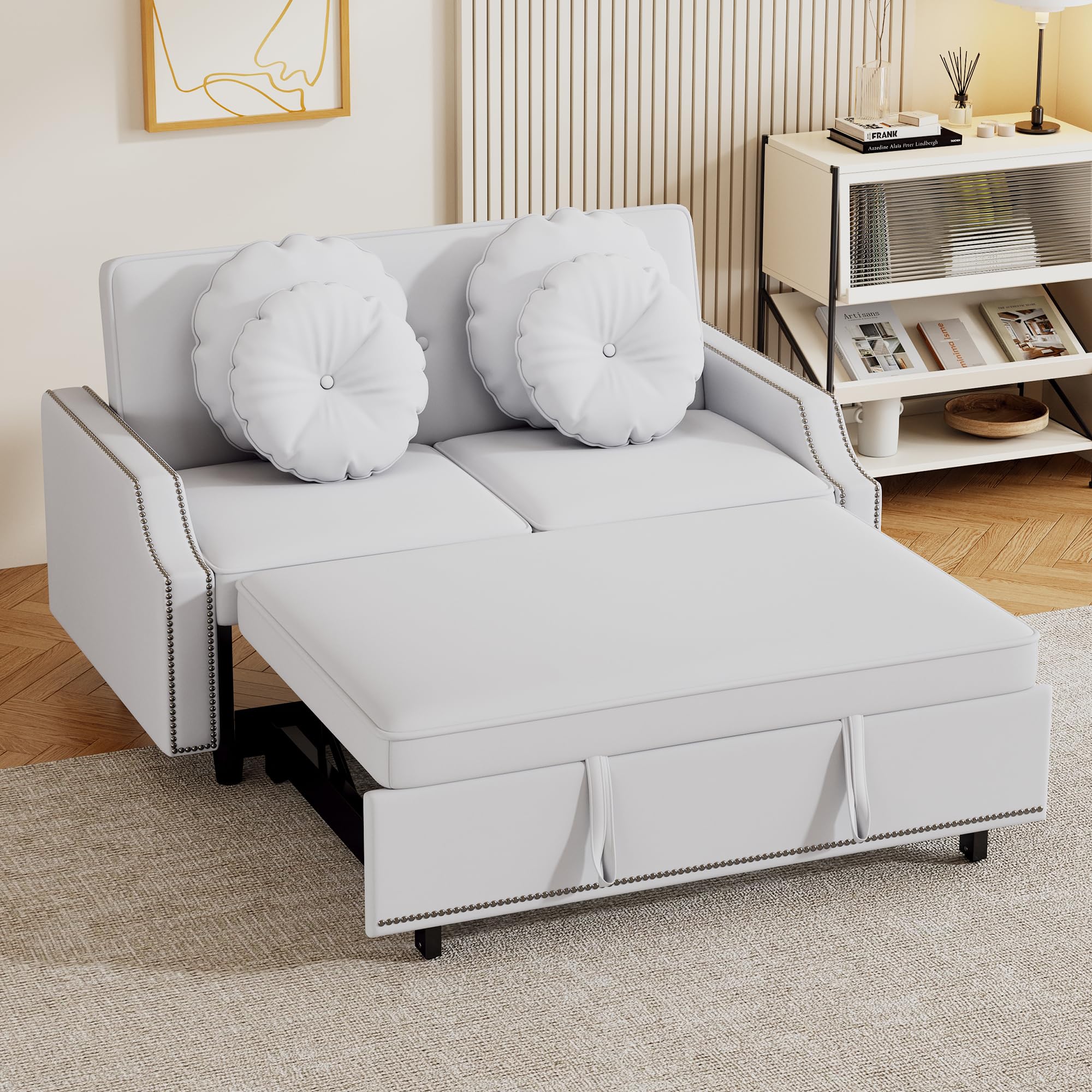 Merax Pull-Out Sofa Bed with a Button Tufted Adjustable Backrest and 4 Lumbar Pillows, 2 Seat Loveseat Lounge with USB Ports, 3 in 1 Convertible Sleeper Couch for Living Room, 54.7", Coffee