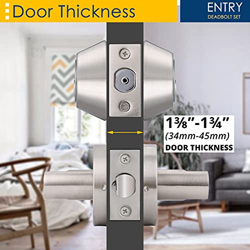 Front Door Entry Lever with Double Cylinder Deadbolts Combination Set, Satin Nickel Finish, Keyed Alike Exterior Entrance Lever Door Handle Set for Front/Back Gate Door, Pack of 2