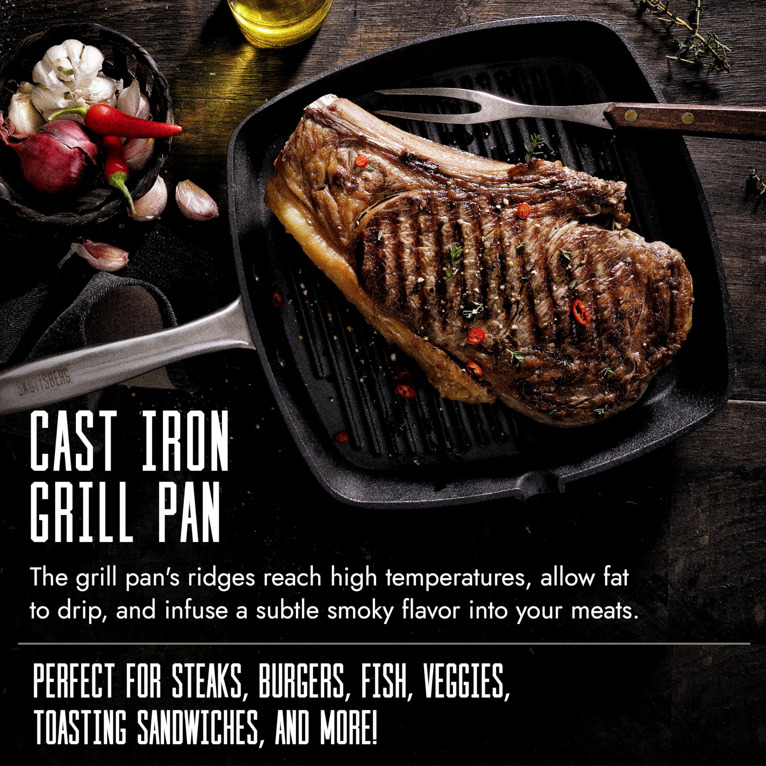 SKOTTSBERG Traditional Cast Iron Grill Pan, Pre-Seasoned (9.5" x 9.5") β Natural Non-Stick Layer, Suitable For All Heatsources