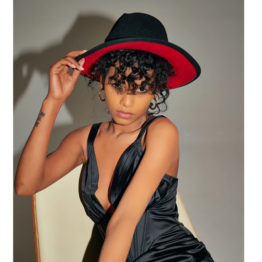 Anycosy Two Tone Fedora Hat for Women Felt Jazz Hats Wide Brim Panama Caps(A01-Black/Red)