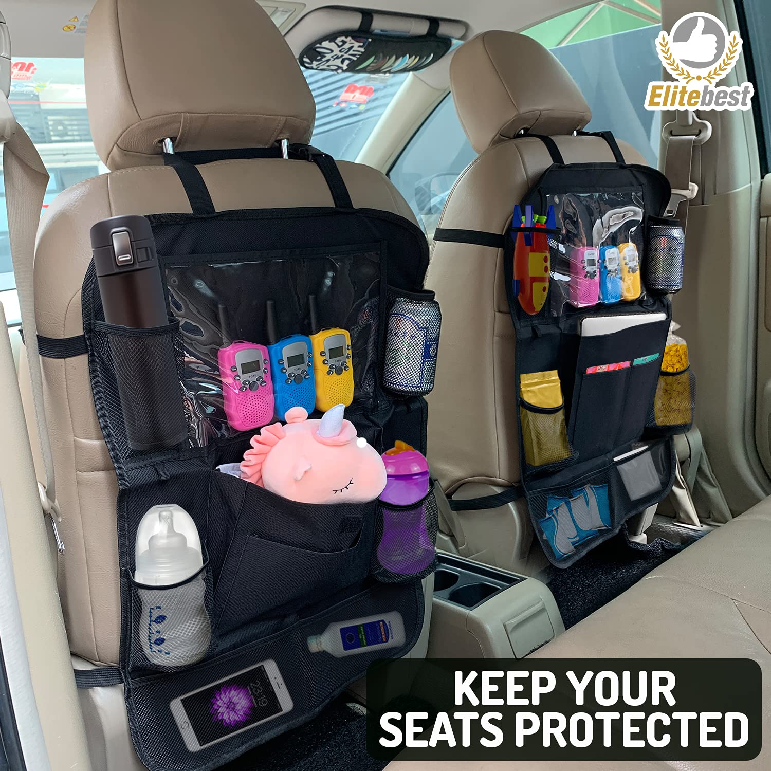 Backseat Car Organizer 1 Pack by Elitebest β 1Car Seat Organizer and Kick Mats for Road Trips β Car Backseat Organizer for Kids with USB Headphone Slits and Storage Pockets for Organization