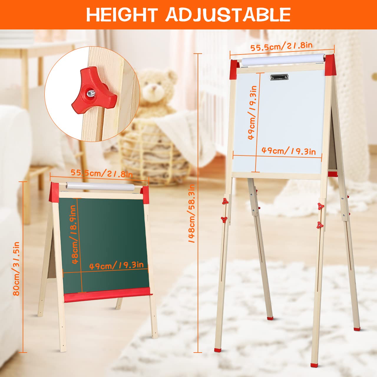 Kids Wooden Easel with Paper Roll, Fixget Upgrade Double-Sided Whiteboard & Chalkboard Standing Easel, Art Easel with Numbers Magnetic Accessories Art and Craft Set Painting Drawing Gifts for Toddler
