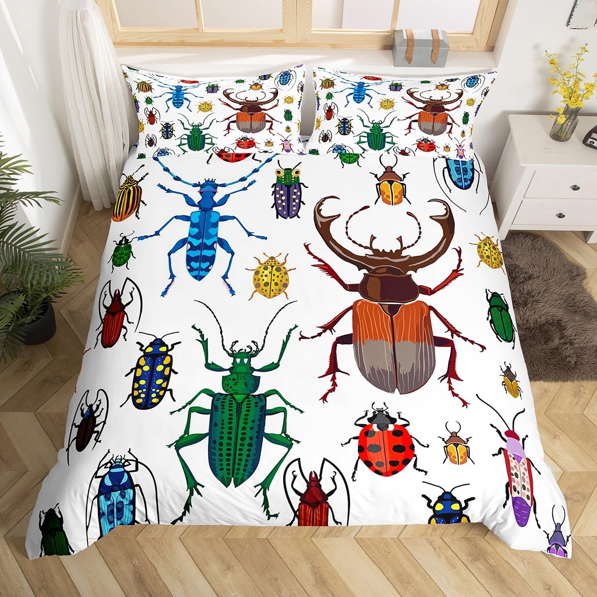 Feelyou Kids Ladybugs Duvet Cover Colorful Beetle Pattern Bedding Set for Boys Girls Cute Wildlife Comforter Cover Nature Animal Bedspread Cover 2Pcs Zipper Twin Size