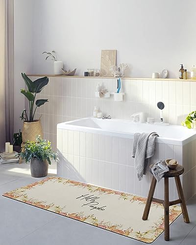Elegant Flower Pumpkins Bath Mat for Tub,Non Slip Bathroom Floor Runner Rug Quick Dry & Absorbent Diatomaceous Earth Shower Sink Kitchen Washable Doormat,Fall Aesthetic Eucalyptus Leaves 20"x47"