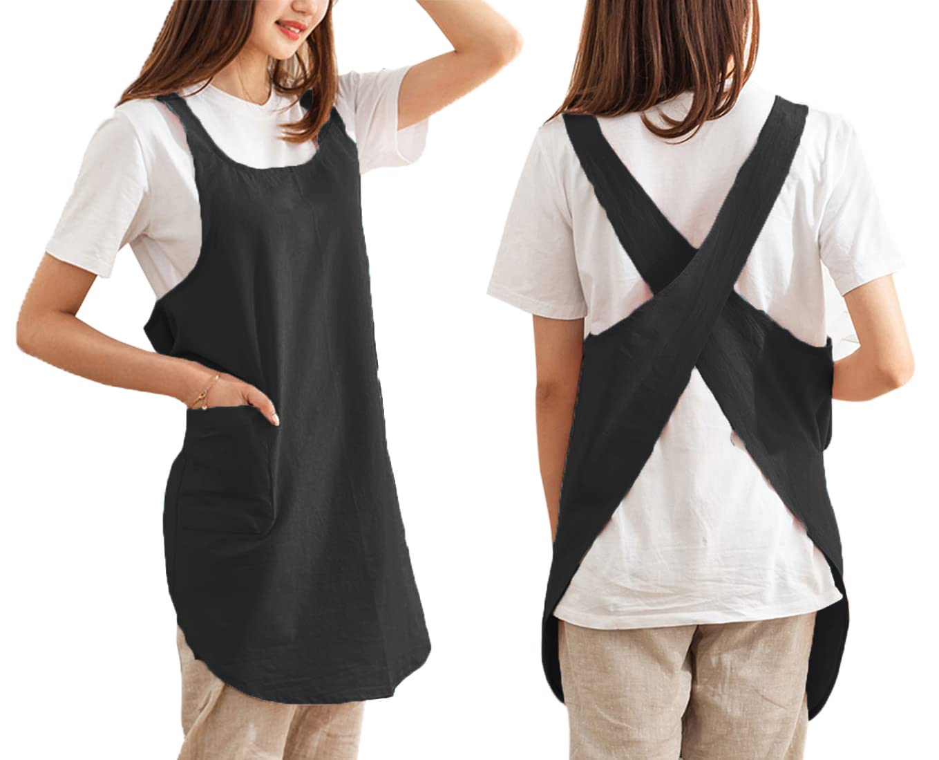 Cotton Cross Back Aprons Solid Color Cooking Kitchen Garden Smock for Women Girls with Pockets (Black, 37Wx 32L)