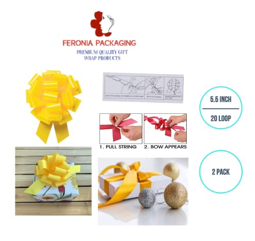 Feronia Packaging 2 Pieces Pull Bow for Gift Wrapping Gift Bows Pull Bow With Ribbon for Wedding Gift Baskets, 5.5 Inch 20 Loop (Yellow)