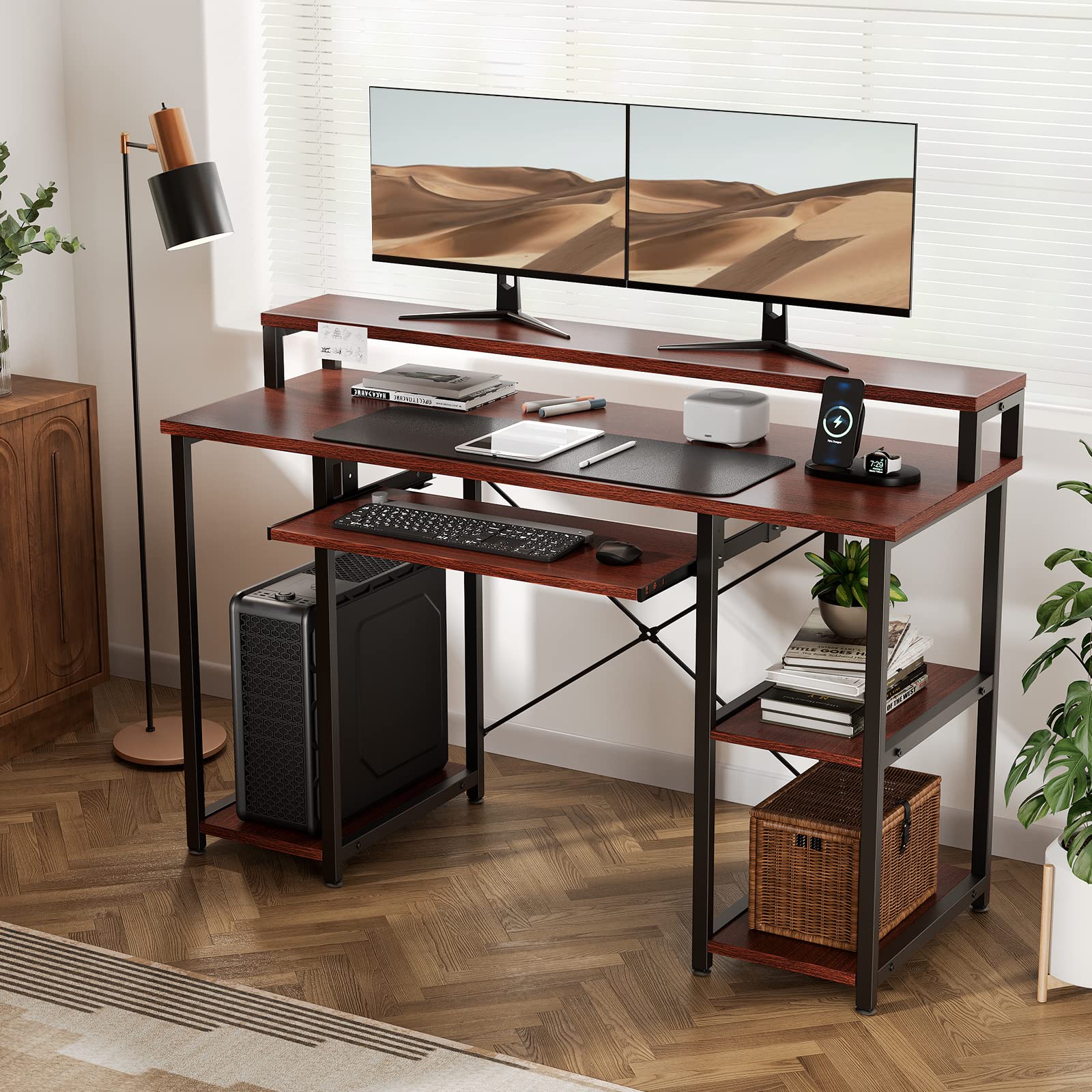 NOBLEWELL Computer Desk with Storage Shelves, 47 inch Home Office Desk with Monitor Stand, Writing Desk Table with Keyboard Tray (Cherry)