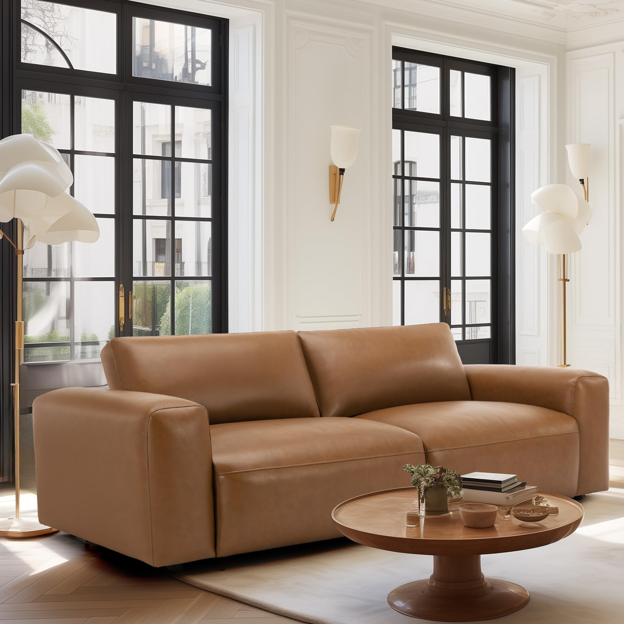 COLAMY PU Leather Sofa Couch, 95" Oversized Sofa Loveseat for Living Room, Comfy Love Seat Couch with Extra Deep Seats, Wide Arm, Down Filled 3-Seater Modern Sofa for Apartment/Lounge/Bedroom-Auburn