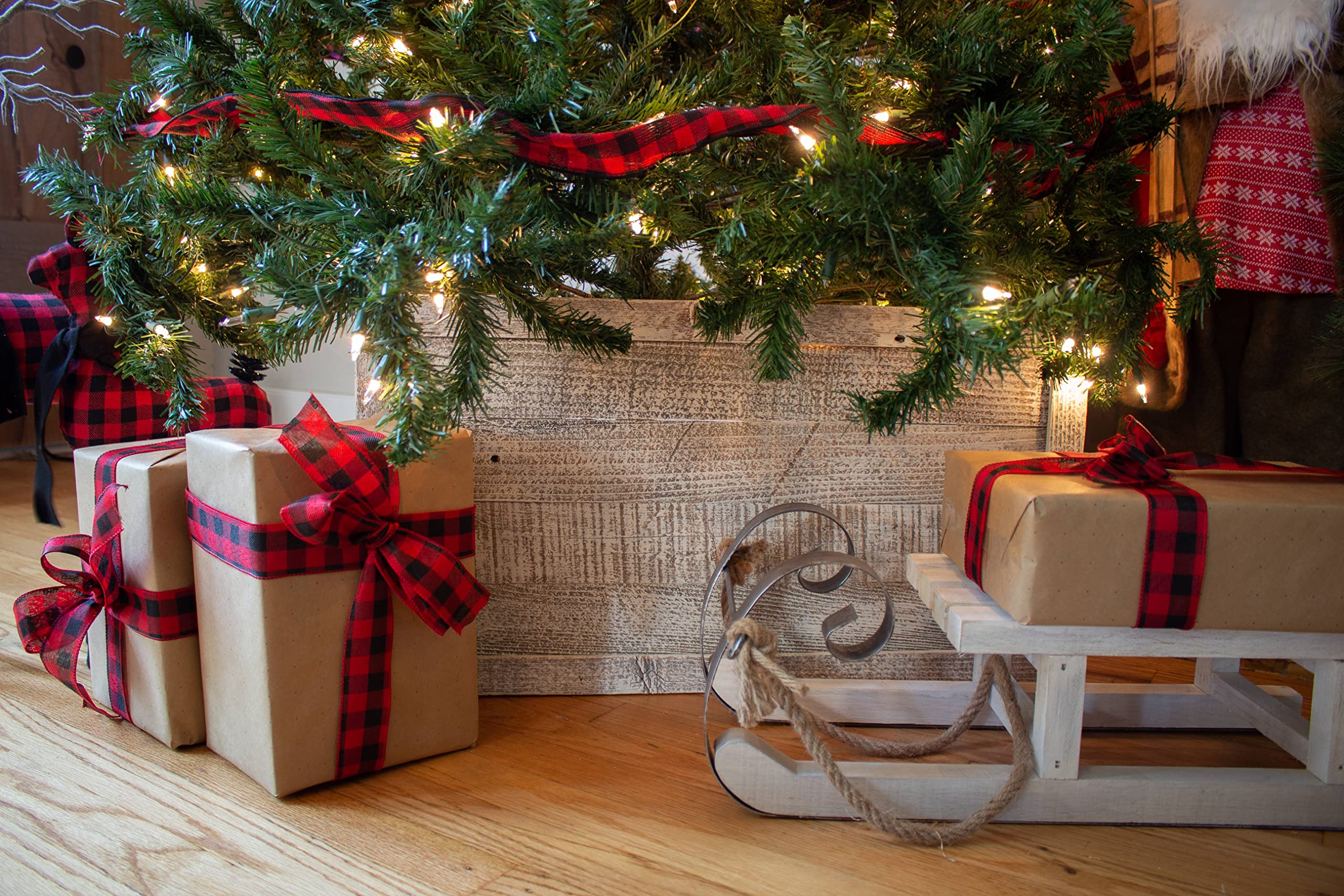 BarnwoodUSA Christmas Tree Collar or Box Made of Reclaimed Wood Rustic Skirt Replacement Blocks Kids & Pets, Adds Farmhouse Charm Natural, Hook-&-Loop Strip Panels, 30x22.5 in., Whitewash