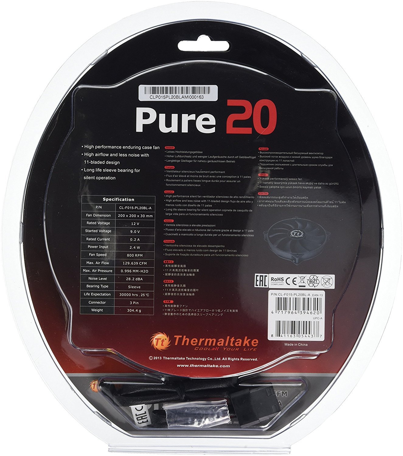 Thermaltake 200mm Pure 20 Series Black 200x30mm Thick Quiet High Airflow Case Fan with Anti-Vibration Mounting System Cooling CL-F015-PL20BL-A