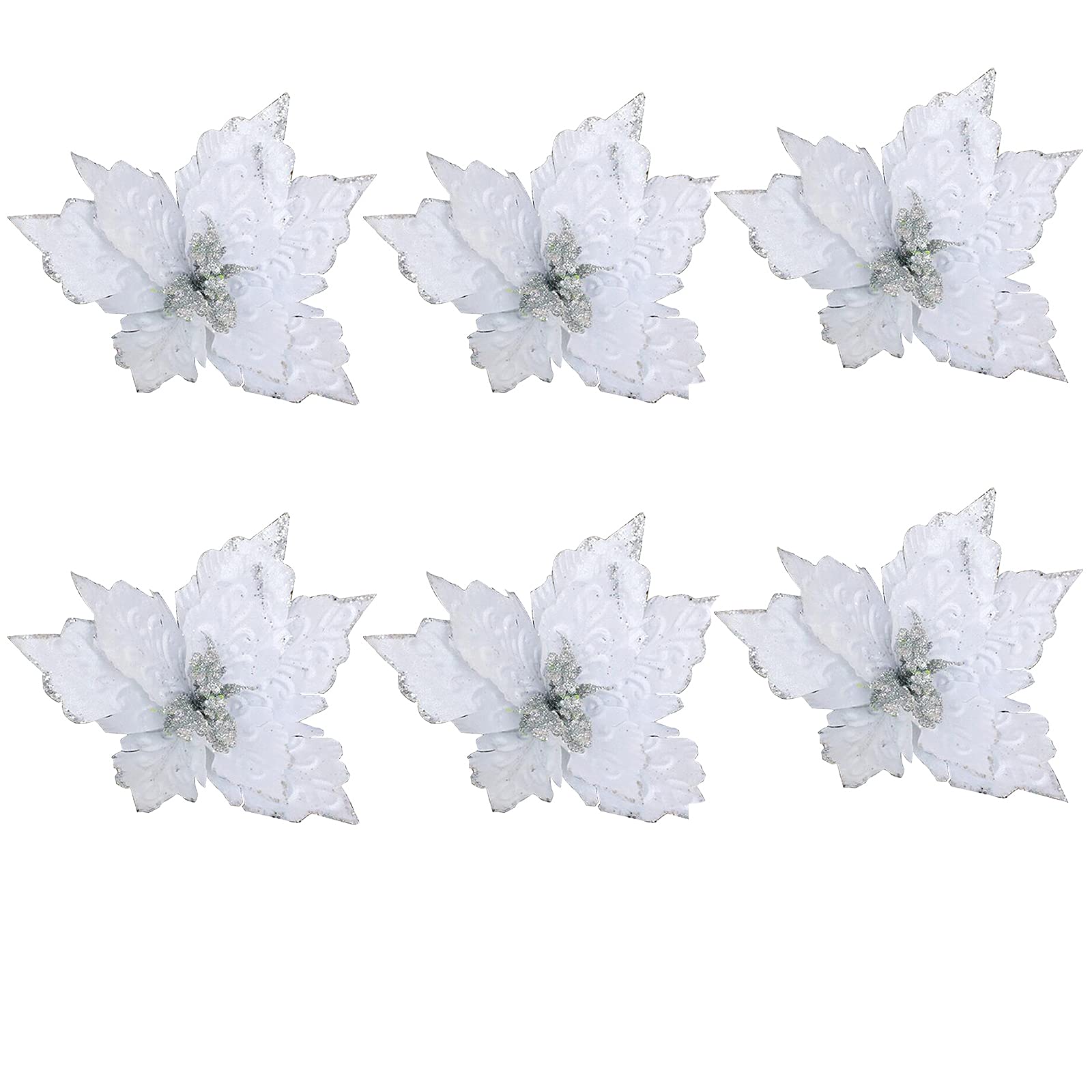 Sucpur 6Pcs Christmas Red Poinsettia Flower, 11 Inch Artificial Glitter Floral Heads Flower Plastic DIY Garden Velvet Decoration Wreath Home Artifical Flowers, White, 210608QY01-5-6-10049-2006202041