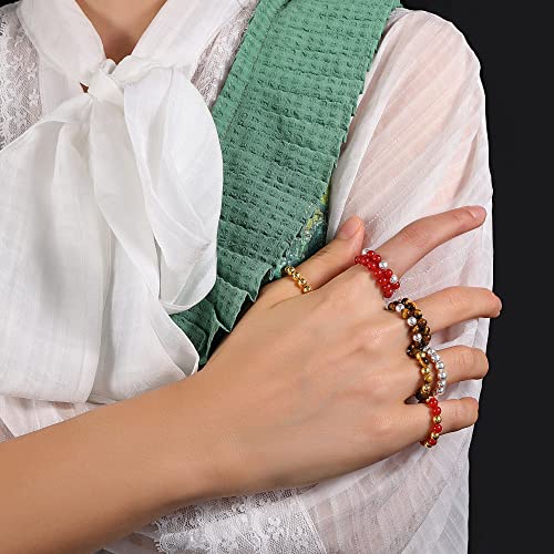 BIVEI 7 Pcs Crystal Knuckle Rings for Women－Girls Stackable Elastic Rope Beads Rings Set－Chakra Healing Nature Gem Stones Joint Finger Jewelry Rings(Yellow Tigerite)