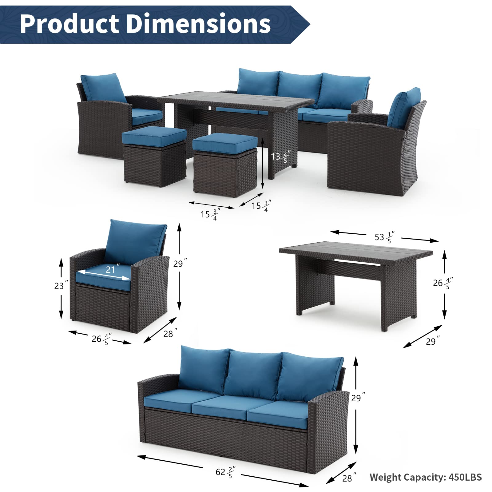 HOMREST 6 Pieces Patio Furniture Sets Clearance, Patio Dining Sofa Set Outdoor Sectional Sofa Conversation Set All Weather Wicker Rattan Couch Dining Table & Chair (Blue)