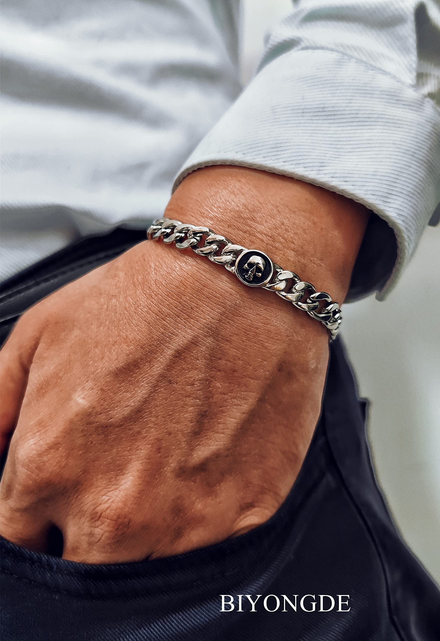 BIYONGDE Skull Cuban Chain Bracelet, Curb Chain Link Chain Bangle Bracelet for men women, Stainless Steel Mens Womens, Punk Rock Cool