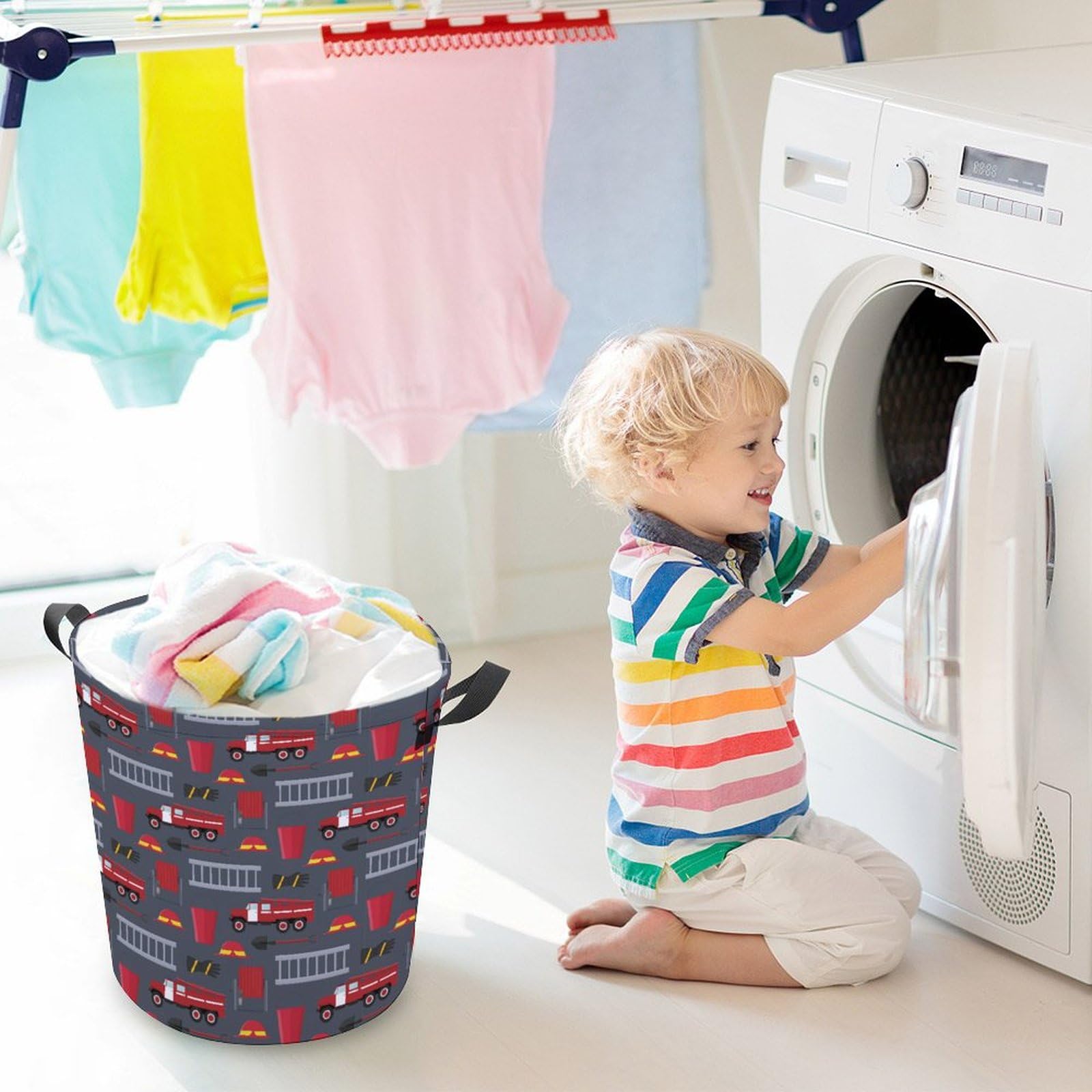Cartoon Firefighter Equipment and Tools Baby Laundry Hamper,laundry Basket,Waterproof Storage Bin for Bedroom,Clothes Organizer Basket,Toys Box,Room Decor