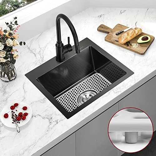 BURCHAIN 17 x 15 Inch Drop in Kitchen Sink Top mount Bar Sink 16 Gauge Stainless Steel Single Bowl Workstation with Sink Protector (Black)